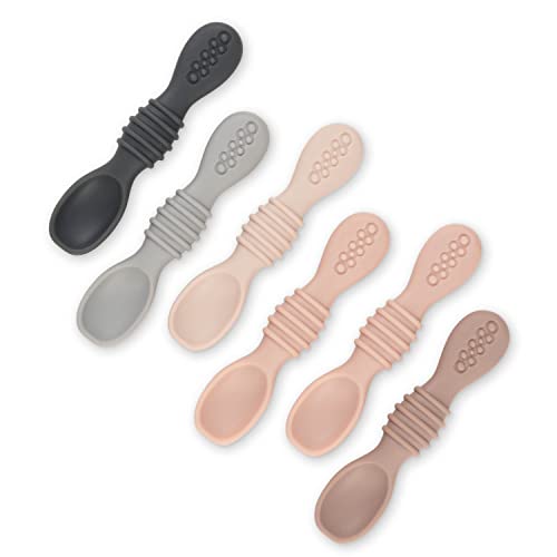 Simka Rose Silicone Baby Spoons - Self Feeding, 6 Months, First Stage Infant Spoons for Babies & Toddlers - Set of 6 BPA Free, Dishwasher, Microwave Safe Food Utensils - Neutral
