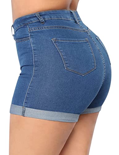 Cuihur Women's Plus Size Summer High Waisted Denim Shorts Folded Hem Casual Jeans Short Dark Blue 14