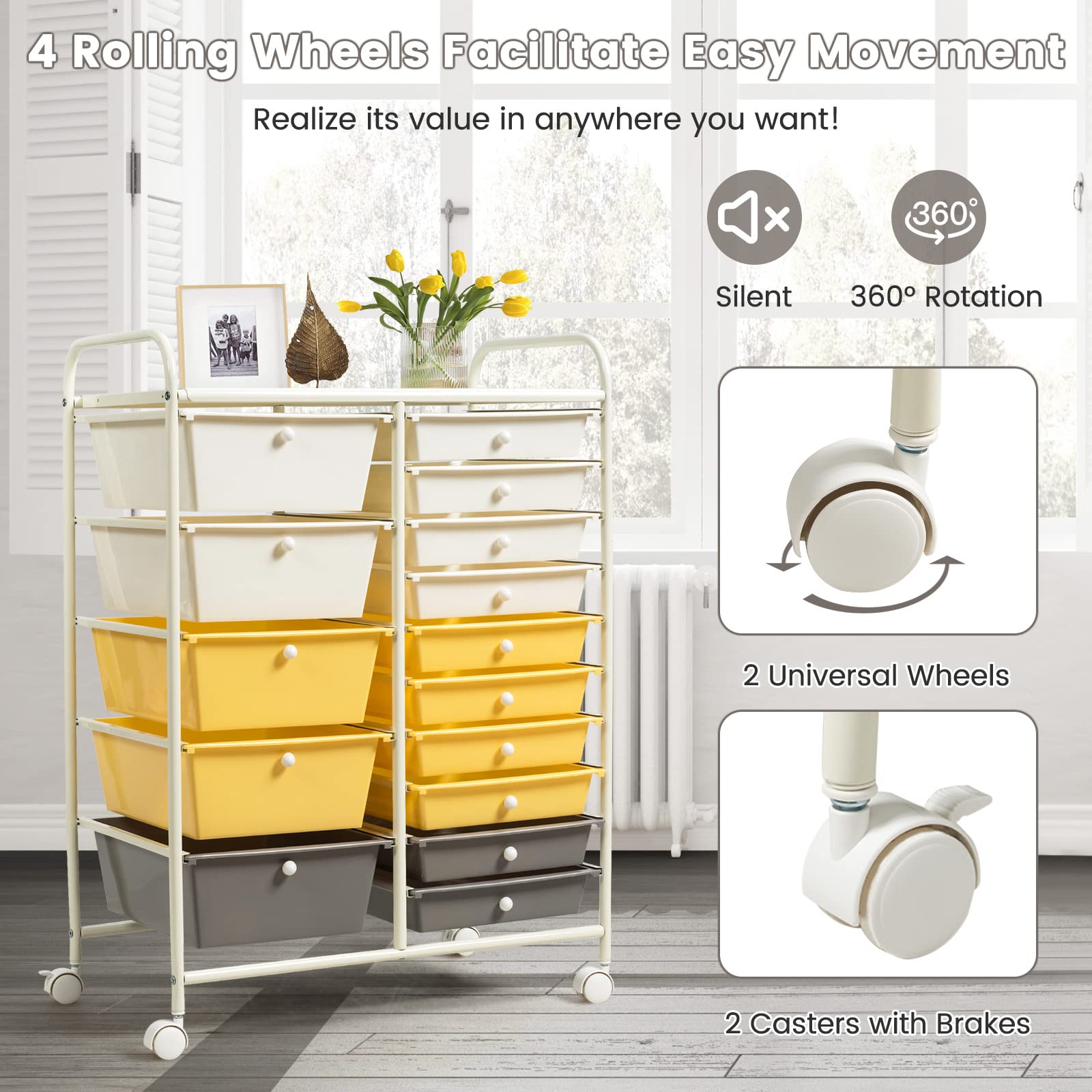 SILKYDRY 15 Drawers Rolling Storage Cart, Mobile Utility Drawer Cart with Lockable Wheels for Crafts, Tools, Arts Supplies, Multipurpose Organizer Cart for Home Office School