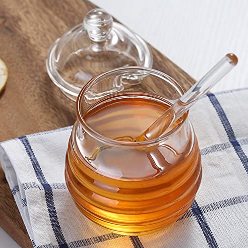 Bee-hive Honey Jar Glass Honeypot, Honey Syrup Dispenser with Dipper and Lid for Home Kitchen