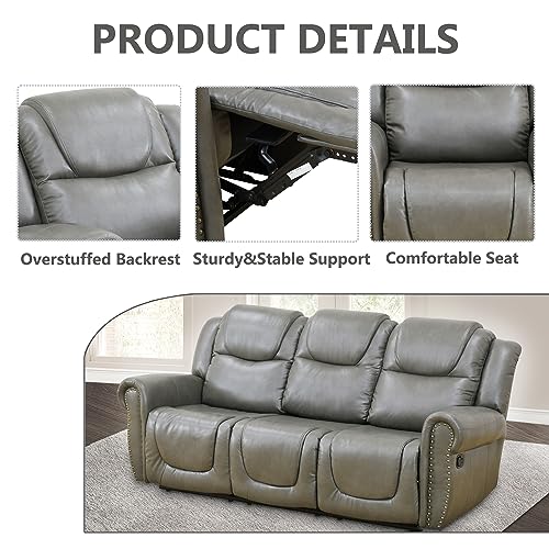 GEBADOL Manual Leather Recliner Sofa Set,Living Room Furniture Set, Leather Couch Set with Storage Console & Cup Holder for Living Room/Apartment(Sofa&Loveseat,2 Pieces,Leather Sofa Set) Grey