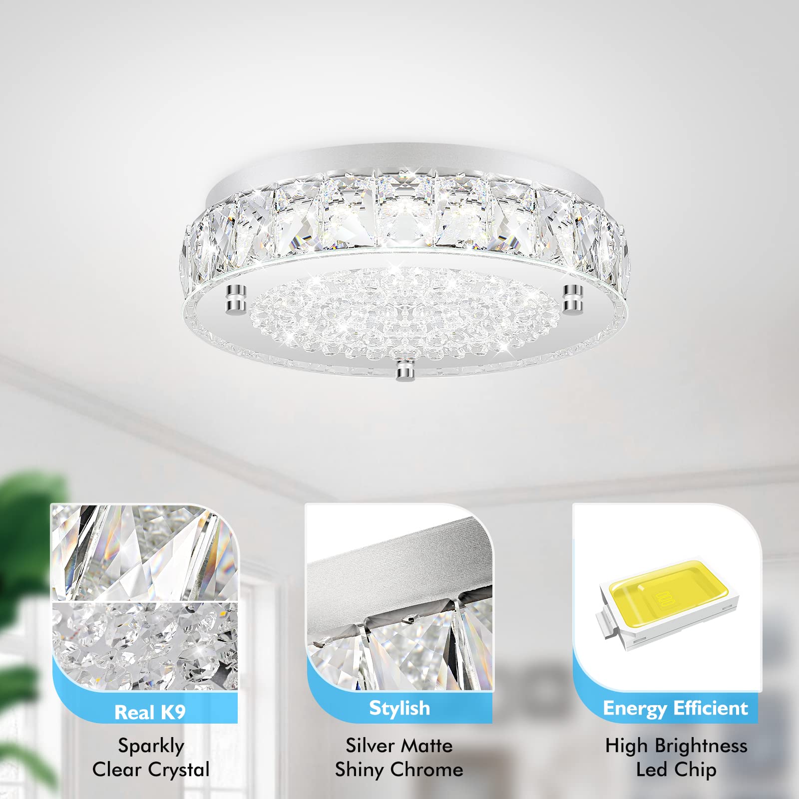 Crystal Chandeliers Flush Mount LED Ceiling Light Fixture, 5000K Daylight White Super Bright 1980LM 11-Inch Non-Dimmable Farmhouse Kitchen Light Modern Ceiling Lamp for Bedroom Bathroom Nursery
