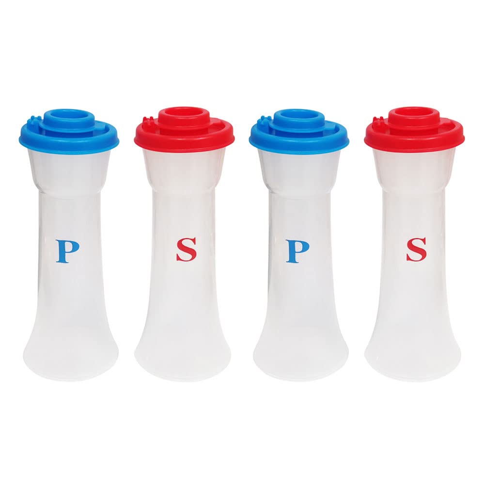 QIWYGPYQ 4 Pack Salt & Pepper Shakers Set, Hourglass Shakers with Lids, Large Moisture Proof Salt Shaker Pepper Food Containers for Cooking Kitchen Baking Salt Candy, Red and Blue