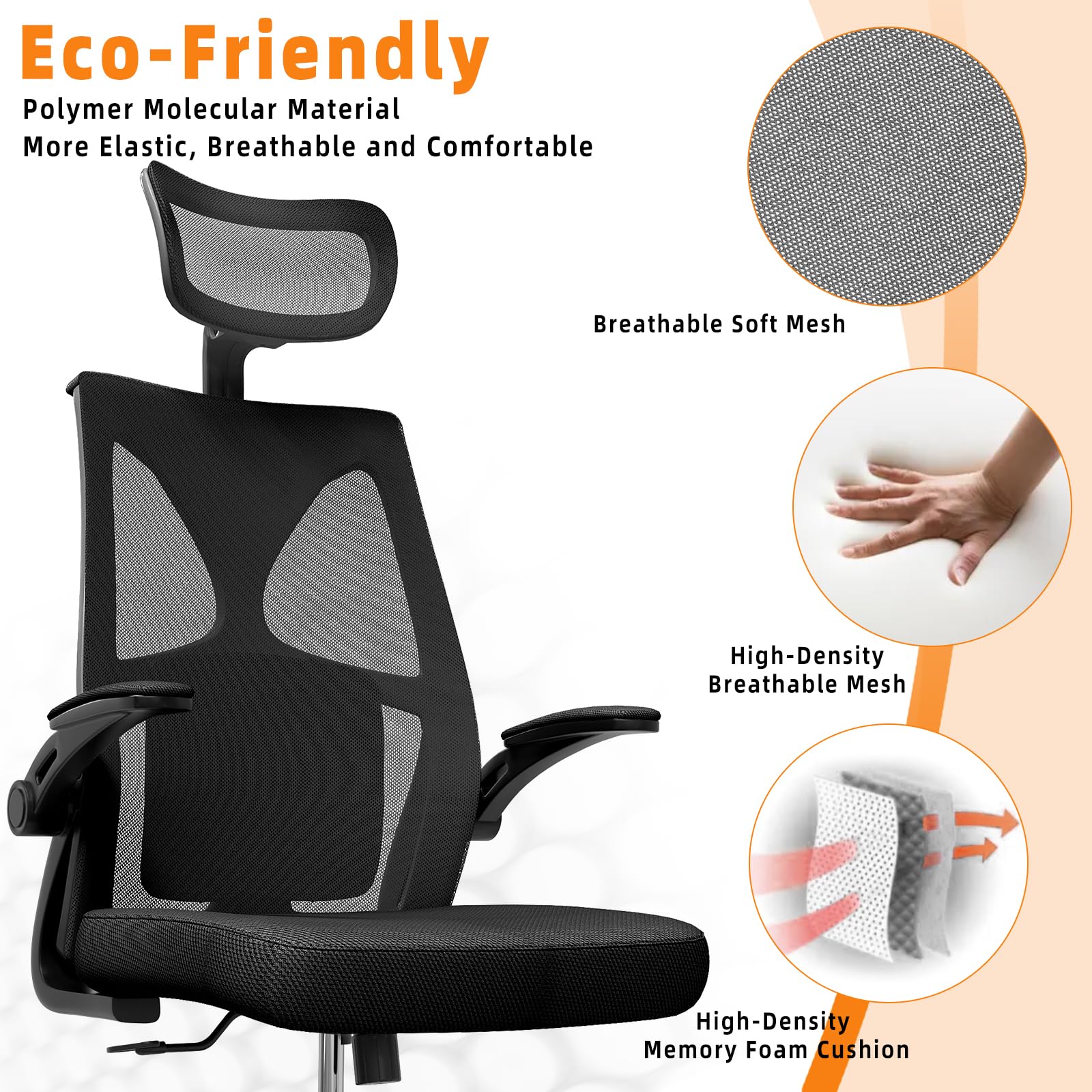 Ergonomic Office Chair, High Back Desk Chair, Breathable Mesh Desk Chair with Lumbar Support, Adjustable Headrest and Flip-Up Arms, Swivel Task Chair with Adjustable Height (Black)