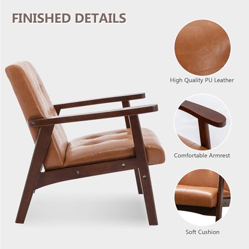 Bonzy Home Mid Century Modern Accent Chair for Living Room, Upholstered Faux Leather Armchair Comfy Retro Bedroom Side Chair with Solid Wood Frame, Orange