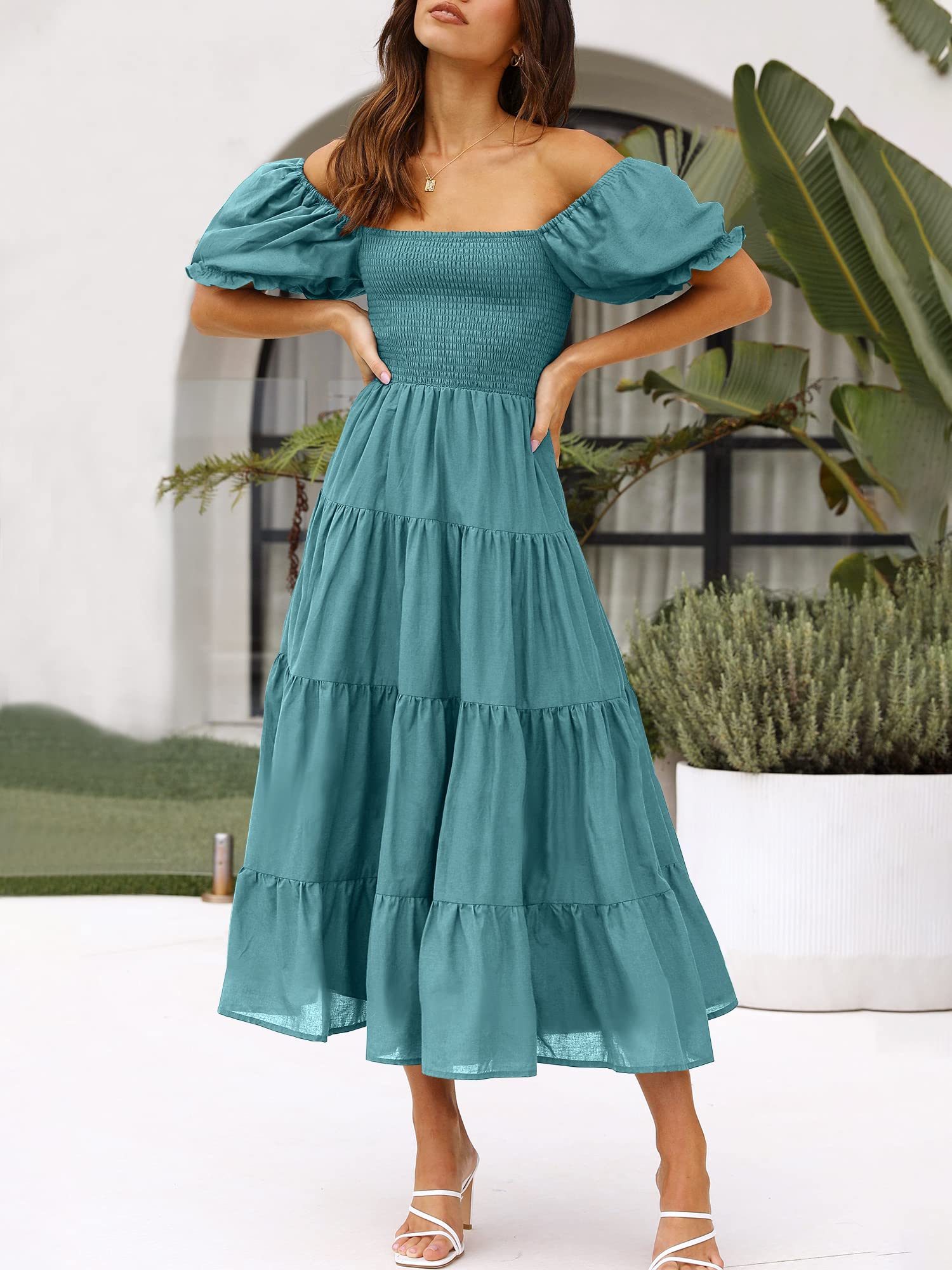 ANRABESS Women's Casual 2024 Summer Fashion Midi Dress Puff Short Sleeve Square Neck Smocked Tiered Boho Beach Dresses Lake-S