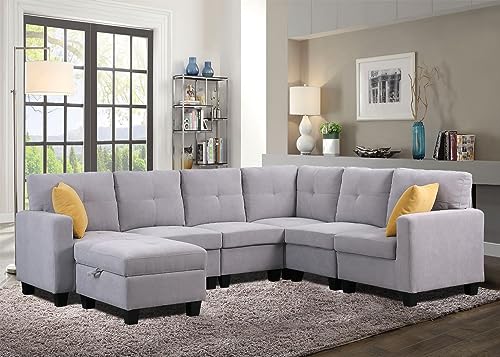 asunflower Modular Sectional Sofa with Storage Ottman 6 Seater Modular Couch Furniture Set for Living Room Velvet Corner Sectional Couch for Home & Office, Small Spaces, Grey