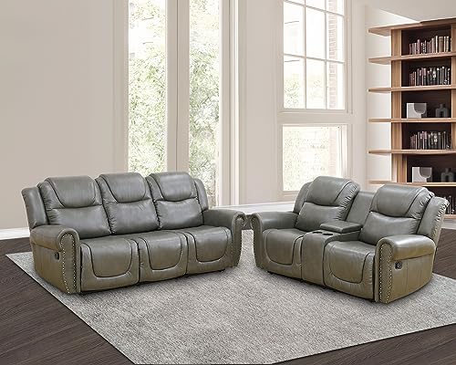 GEBADOL Manual Leather Recliner Sofa Set,Living Room Furniture Set, Leather Couch Set with Storage Console & Cup Holder for Living Room/Apartment(Sofa&Loveseat,2 Pieces,Leather Sofa Set) Grey