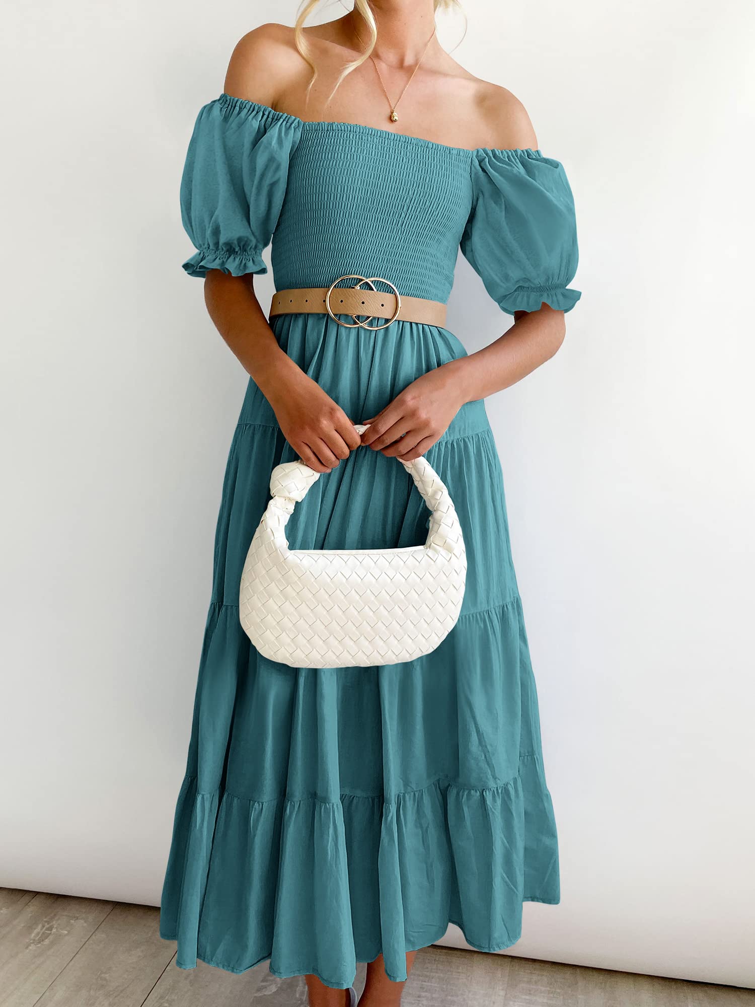 ANRABESS Women's Casual 2024 Summer Fashion Midi Dress Puff Short Sleeve Square Neck Smocked Tiered Boho Beach Dresses Lake-S