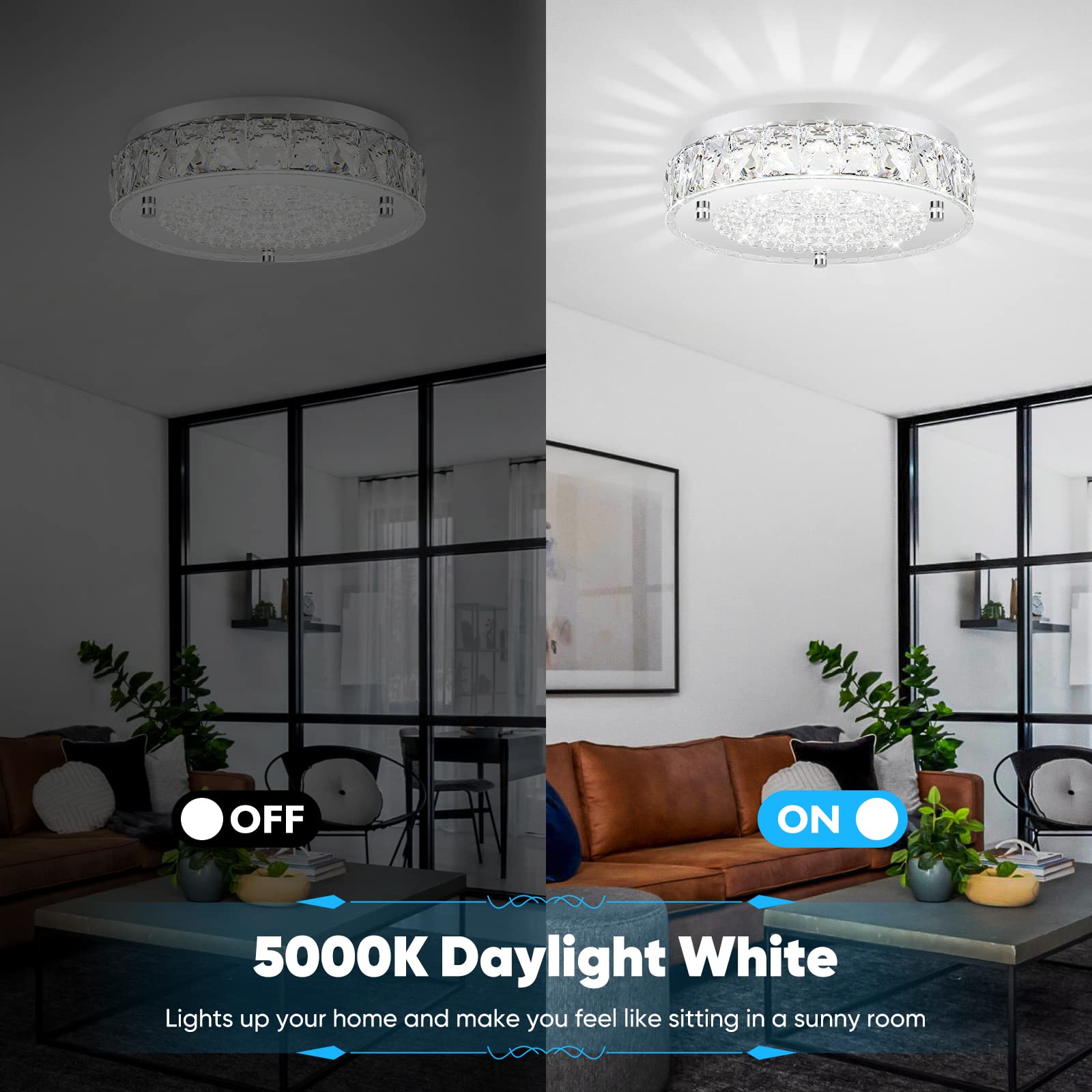 Crystal Chandeliers Flush Mount LED Ceiling Light Fixture, 5000K Daylight White Super Bright 1980LM 11-Inch Non-Dimmable Farmhouse Kitchen Light Modern Ceiling Lamp for Bedroom Bathroom Nursery