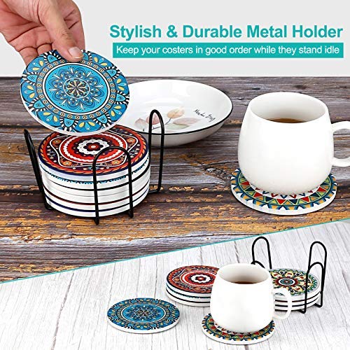 Coasters for Drinks,AODINI Set of 8 Absorbent Stone Coasters for Wooden Table, Mandala Ceramic Coasters with Cork Base, Gift for Housewarming Birthday and Family - Great Home and Dining Room Decor