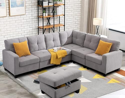 asunflower Modular Sectional Sofa with Storage Ottman 6 Seater Modular Couch Furniture Set for Living Room Velvet Corner Sectional Couch for Home & Office, Small Spaces, Grey