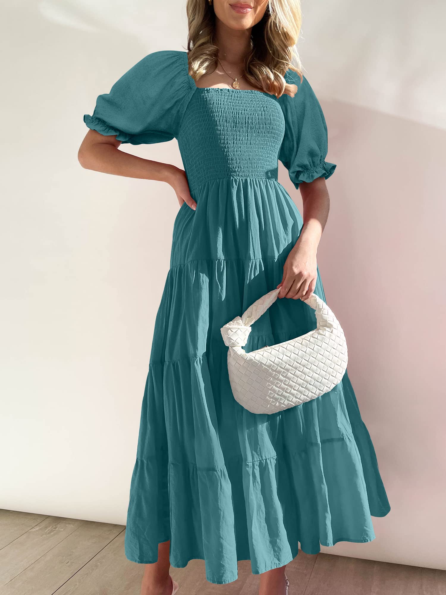 ANRABESS Women's Casual 2024 Summer Fashion Midi Dress Puff Short Sleeve Square Neck Smocked Tiered Boho Beach Dresses Lake-S