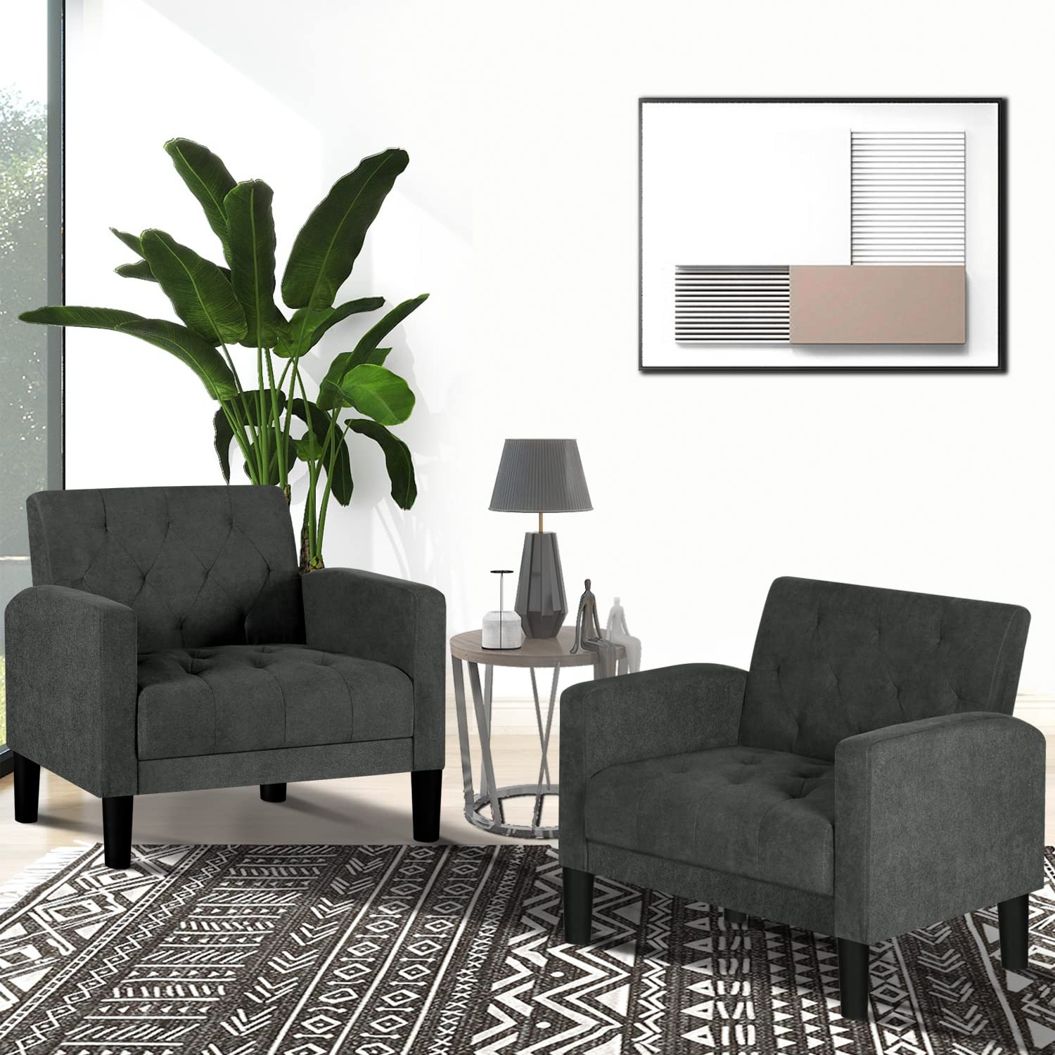 VAMEPOLE Modern Accent Chairs Set of 2, Comfy Living Room Chair, Cozy Tufted Mid Century Modern Accent Chair, Upholstered Reading Arm Chair for Living Room, Bedroom Sofa Chair(Dark Grey, Set of 2)
