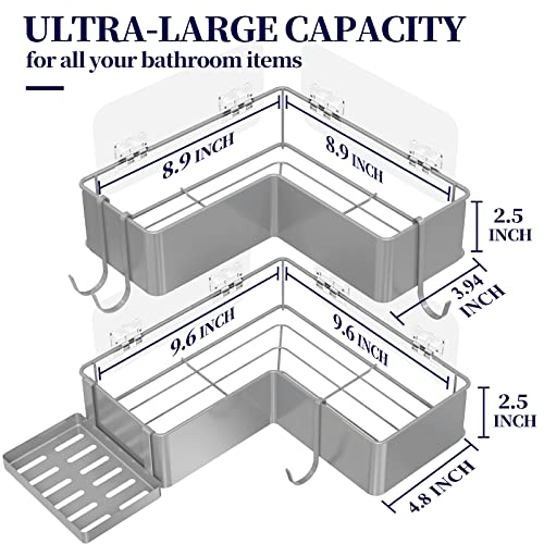 Kitsure Corner Shower Caddy - 2 Pack Rustproof Shower Organizer, Durable Shower Shelves with Large Capacity, Drill-Free Adhesive Shower Rack with 4 Movable Hooks, a Soap Holder, Silver