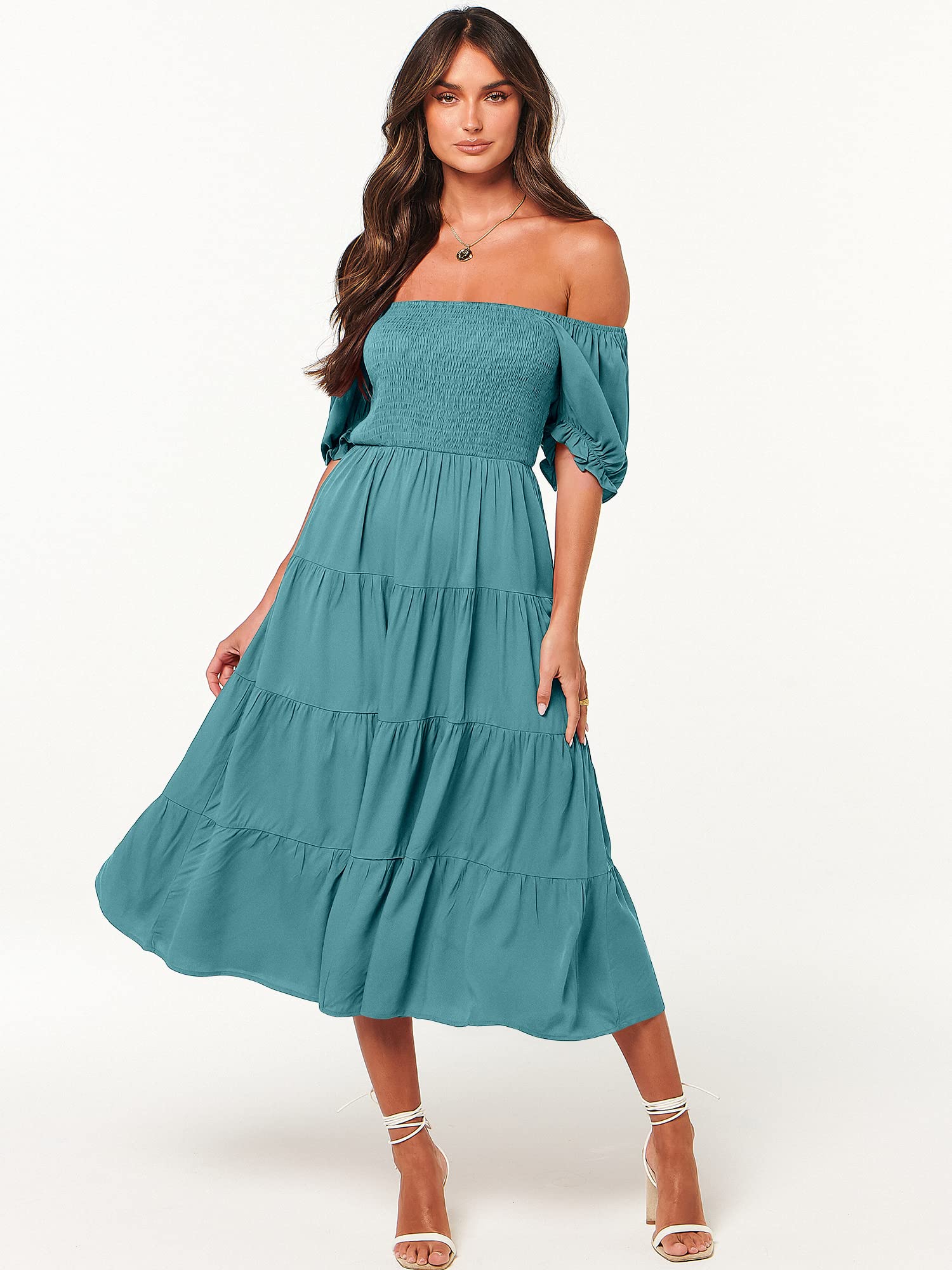 ANRABESS Women's Casual 2024 Summer Fashion Midi Dress Puff Short Sleeve Square Neck Smocked Tiered Boho Beach Dresses Lake-S