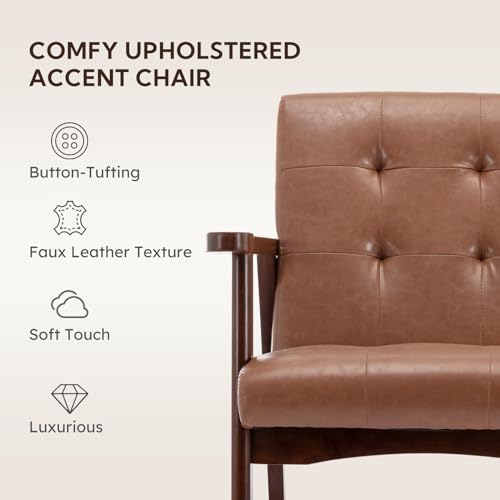 Bonzy Home Mid Century Modern Accent Chair for Living Room, Upholstered Faux Leather Armchair Comfy Retro Bedroom Side Chair with Solid Wood Frame, Orange