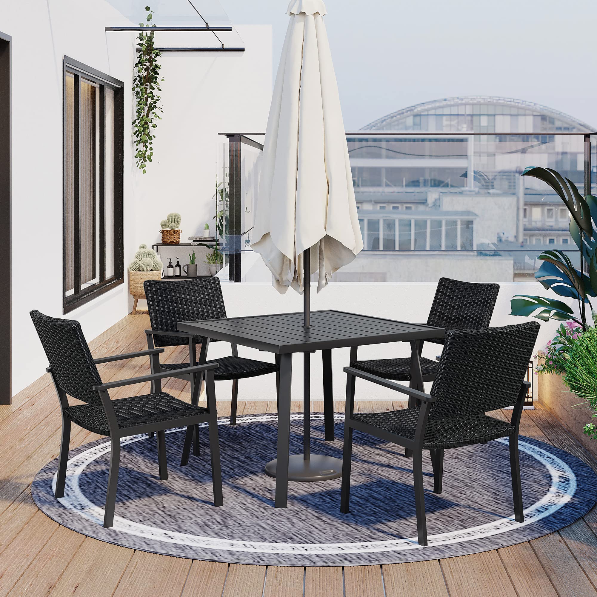 Quarte Patio 5-Piece Dining Table Furniture Set,Outdoor PE Wicker Conversation Set with Umbrella Hole and 4 Dining Chairs,for Porch Lawn Garden Backyard Poolside