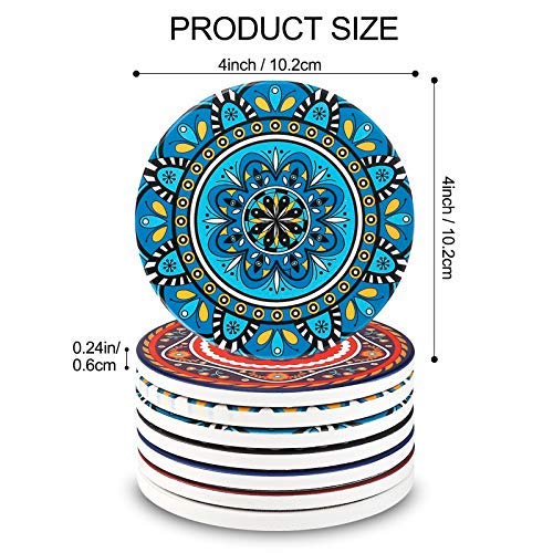 Coasters for Drinks,AODINI Set of 8 Absorbent Stone Coasters for Wooden Table, Mandala Ceramic Coasters with Cork Base, Gift for Housewarming Birthday and Family - Great Home and Dining Room Decor