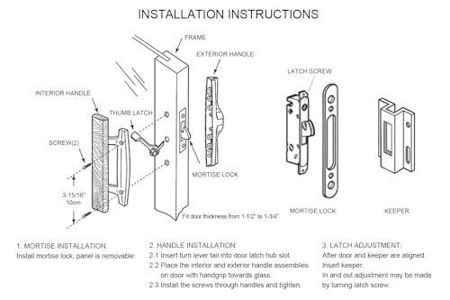 ALLYWASAI Sliding Patio Door Handle Set with Mortise Lock, Face Plate and Keeper, Wood Handle Lock Set Fits Door Thickness from 1-1/2" to 1-3/4", 3-15/16" Screw Hole Spacing, Non-keyed, Black
