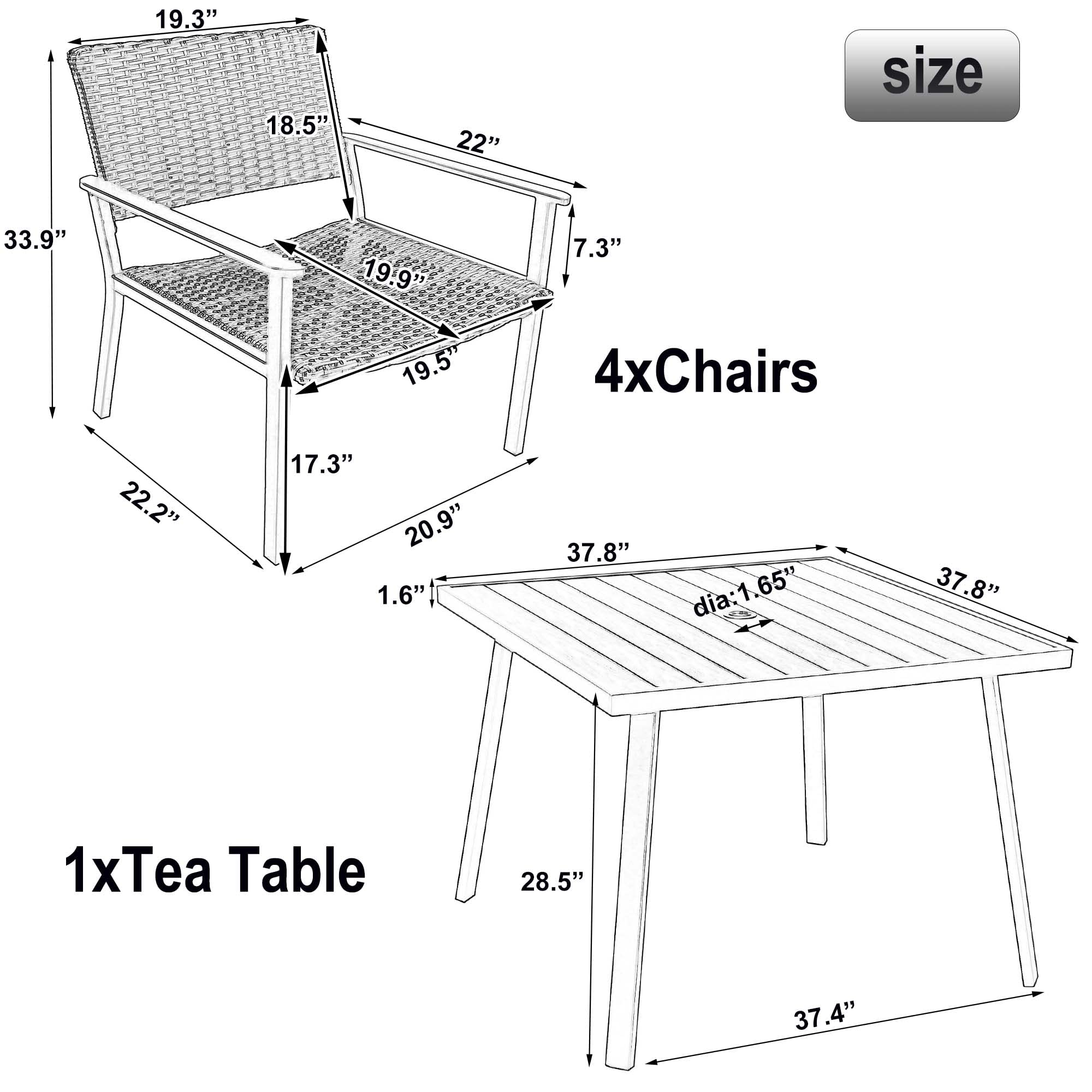 Quarte Patio 5-Piece Dining Table Furniture Set,Outdoor PE Wicker Conversation Set with Umbrella Hole and 4 Dining Chairs,for Porch Lawn Garden Backyard Poolside