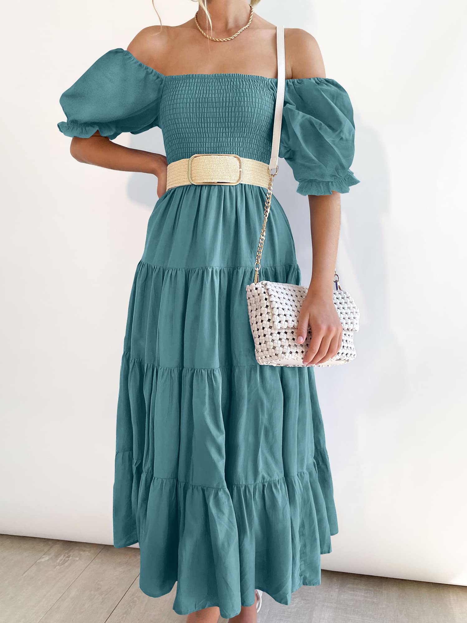 ANRABESS Women's Casual 2024 Summer Fashion Midi Dress Puff Short Sleeve Square Neck Smocked Tiered Boho Beach Dresses Lake-S