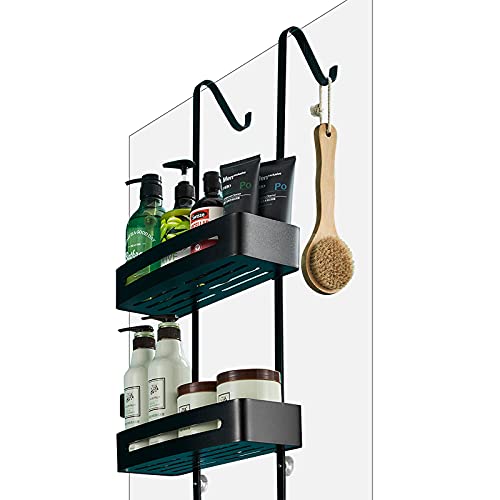 Kuyang Over the Door Shower Caddy Hanging 2-Tier Shower Organizer, Rustproof Aluminum Shower Shelf with Adhesive (No Drilling), Bathroom Storage Rack with Hook and Basket