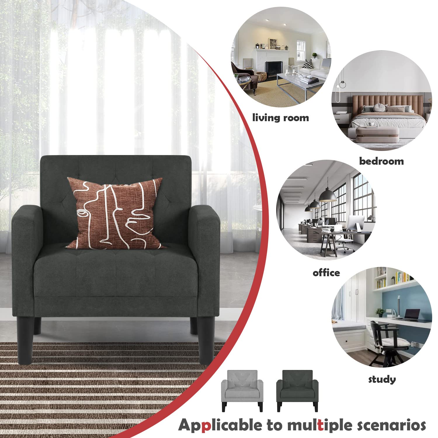 VAMEPOLE Modern Accent Chairs Set of 2, Comfy Living Room Chair, Cozy Tufted Mid Century Modern Accent Chair, Upholstered Reading Arm Chair for Living Room, Bedroom Sofa Chair(Dark Grey, Set of 2)