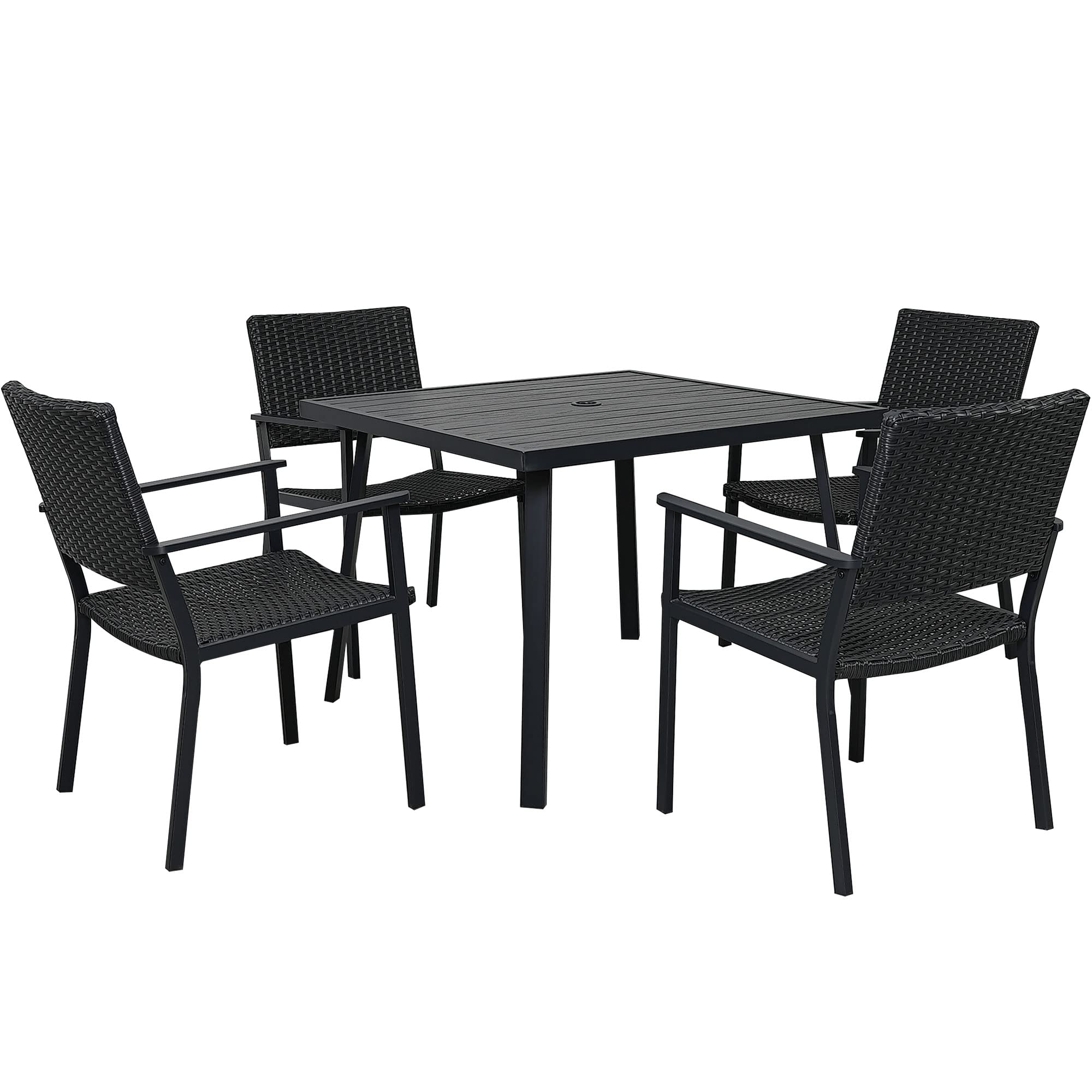 Quarte Patio 5-Piece Dining Table Furniture Set,Outdoor PE Wicker Conversation Set with Umbrella Hole and 4 Dining Chairs,for Porch Lawn Garden Backyard Poolside