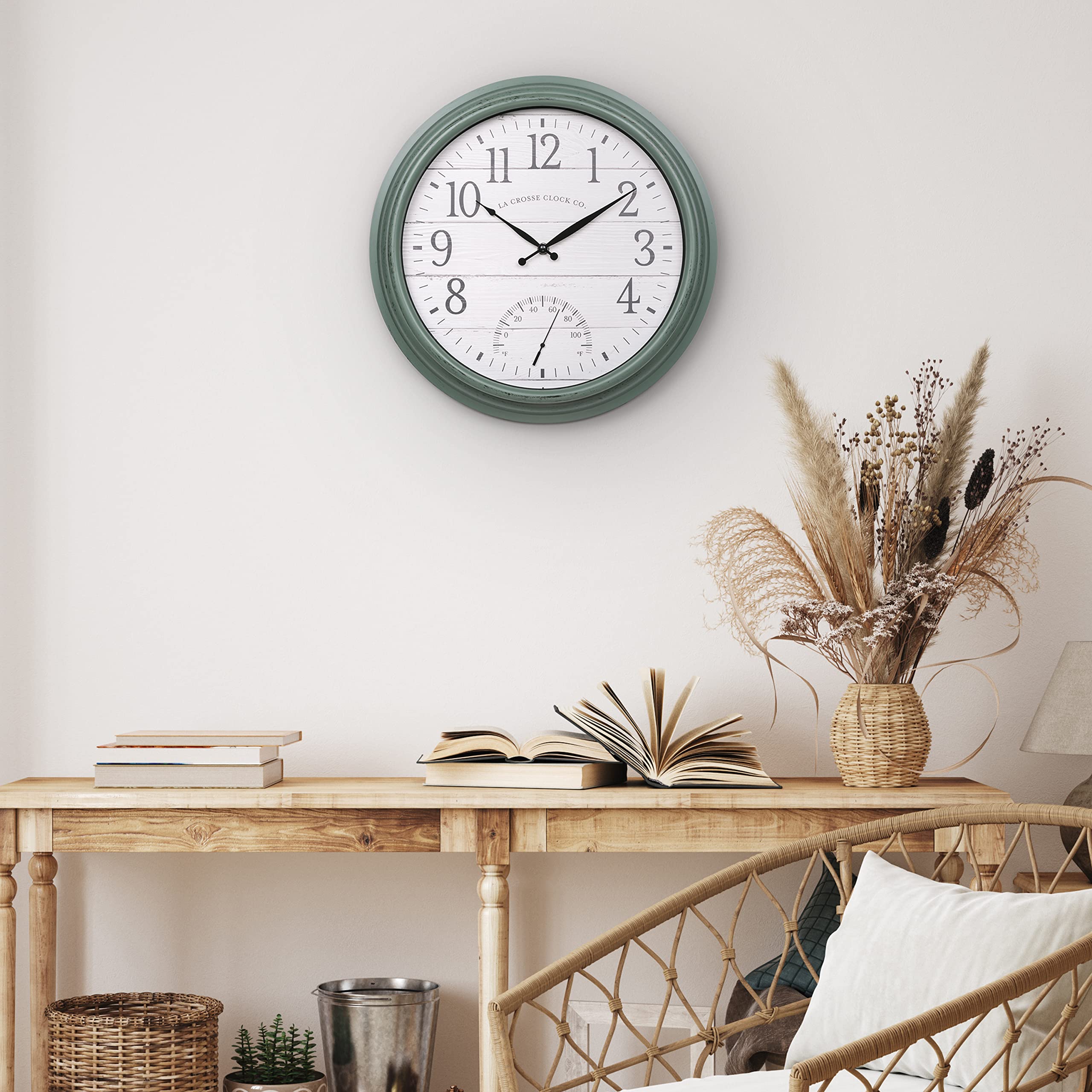 La Crosse Technology 15.75 in. Indoor/Outdoor Sagebrook Green Quartz Wall Clock with Temperature - 404-3840SG
