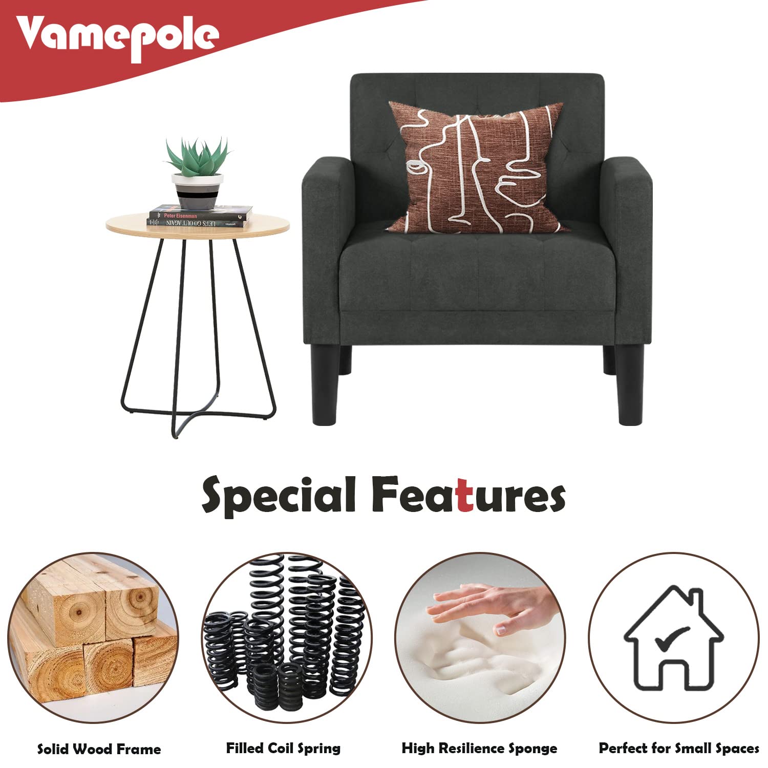 VAMEPOLE Modern Accent Chairs Set of 2, Comfy Living Room Chair, Cozy Tufted Mid Century Modern Accent Chair, Upholstered Reading Arm Chair for Living Room, Bedroom Sofa Chair(Dark Grey, Set of 2)