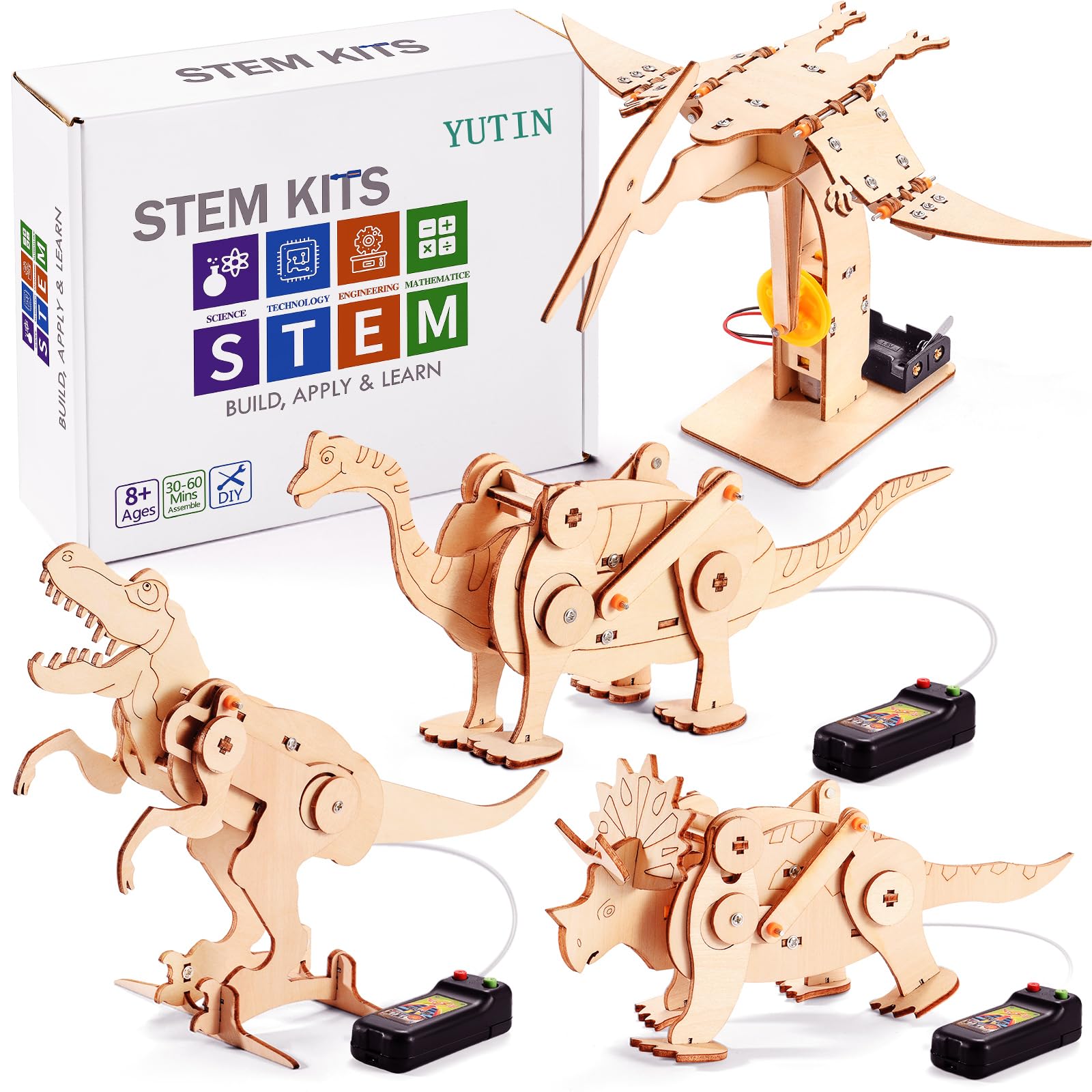 Dinosaur STEM Kits for Kids Ages 6-8-10-12, 4 in 1 Wood Building Toys for Boys Age 8-12, Build It Yourself Woodworking Kit, DIY 3D Wooden Puzzles Model Science Crafts for Kids, Stem Projects