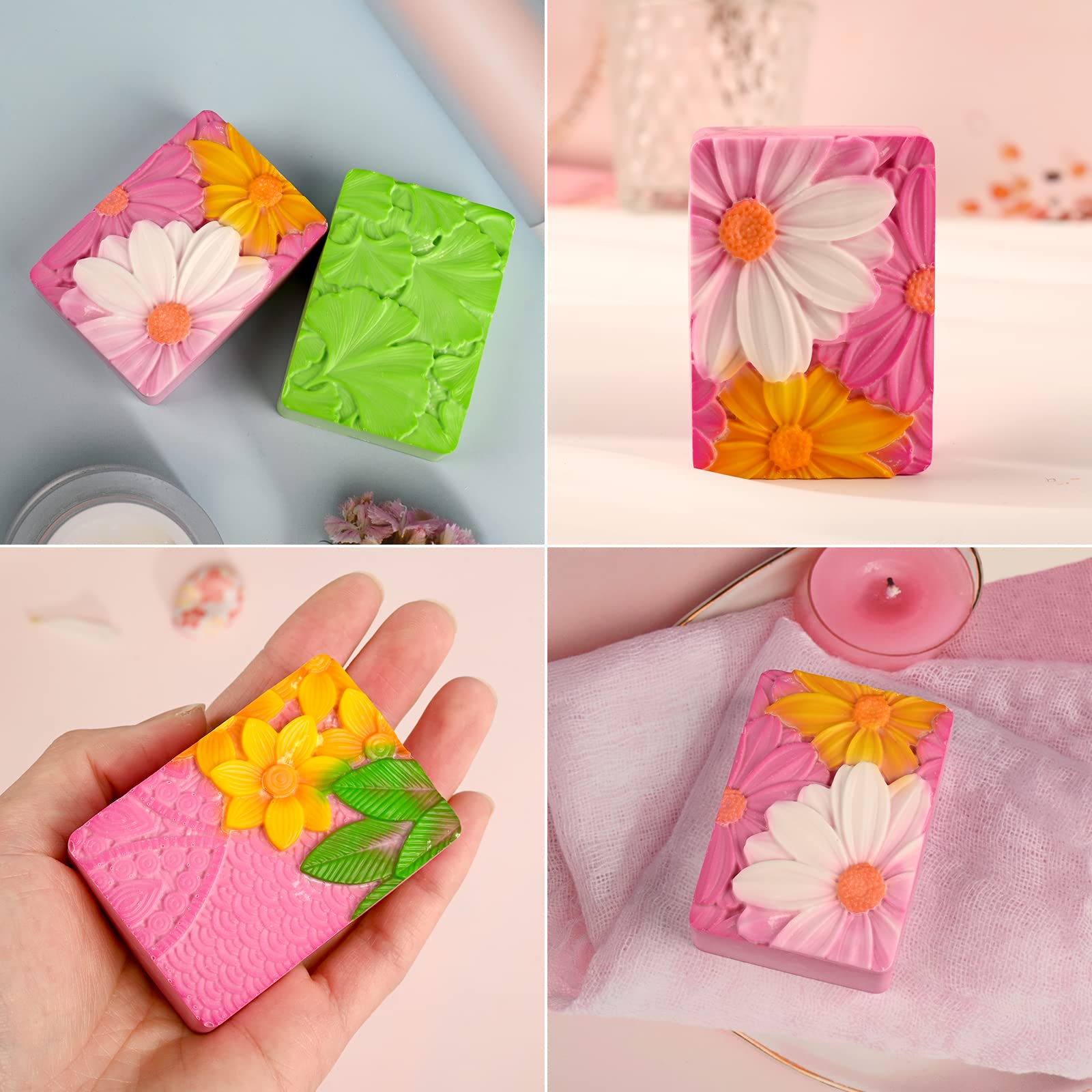 HUAKENER Silicone Soap Molds, 2 Pack 4-Cavity Rectangle Soap Mold, Flower Soap Making Molds