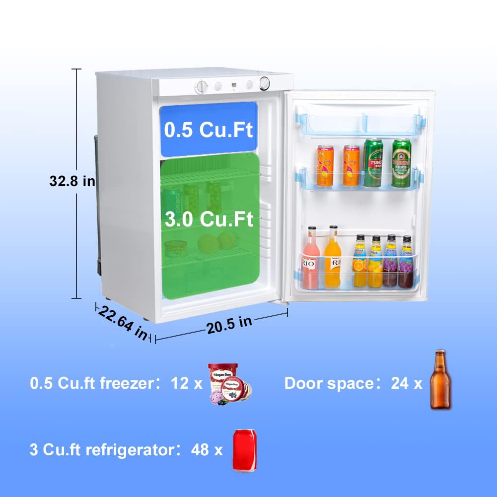 SMETA RV Propane Refrigerator with Freezer, 3.5 Cu.Ft Camping Fridge, 12V/110V/LPG, Compact 3 Way Garage Refrigerators Off Grid for Camper Travel Cabin Truck Patio, White