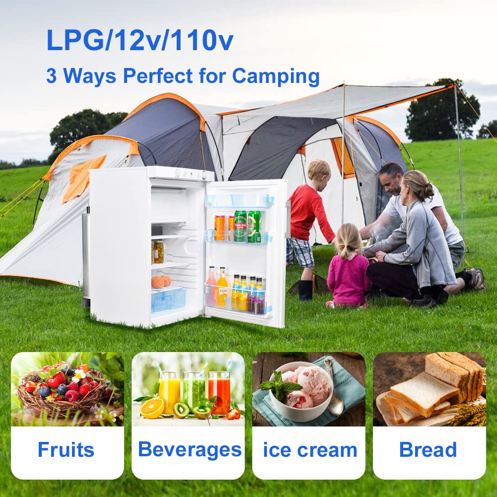 SMETA RV Propane Refrigerator with Freezer, 3.5 Cu.Ft Camping Fridge, 12V/110V/LPG, Compact 3 Way Garage Refrigerators Off Grid for Camper Travel Cabin Truck Patio, White