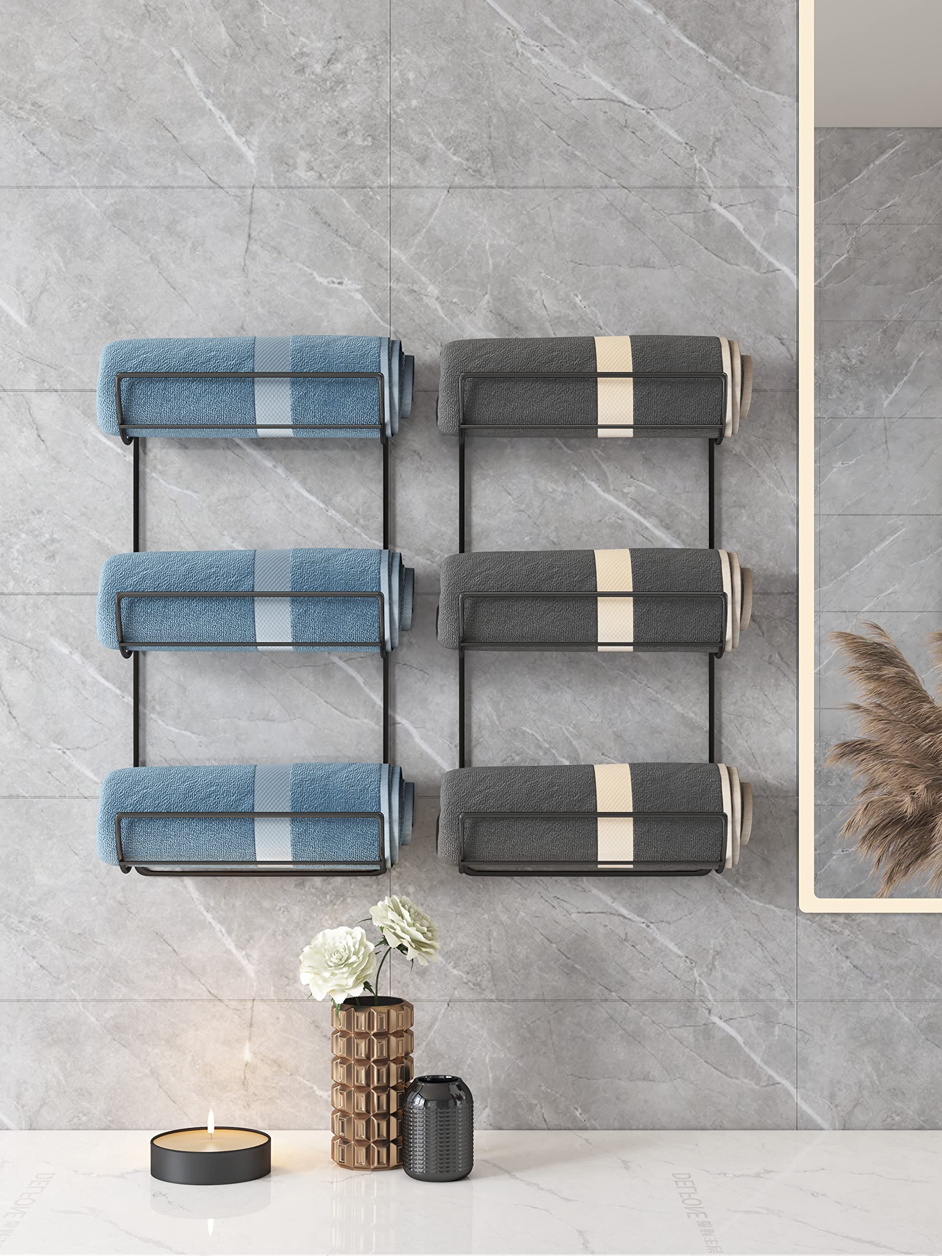 Towel Rack Wall Mounted Metal Wine Rack Washcloths Bathrobe Storage Shelf Organizer Hand Towels Holder for Bathroom Cloakroom - Black