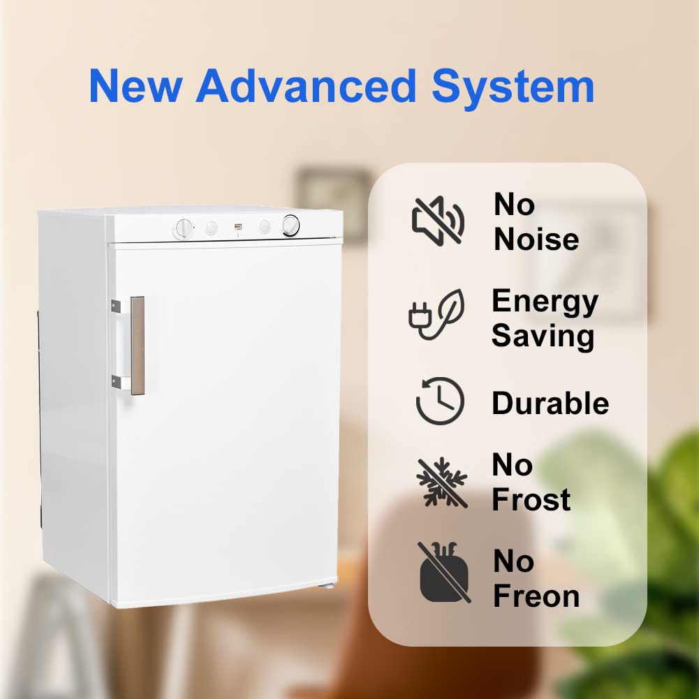 SMETA RV Propane Refrigerator with Freezer, 3.5 Cu.Ft Camping Fridge, 12V/110V/LPG, Compact 3 Way Garage Refrigerators Off Grid for Camper Travel Cabin Truck Patio, White