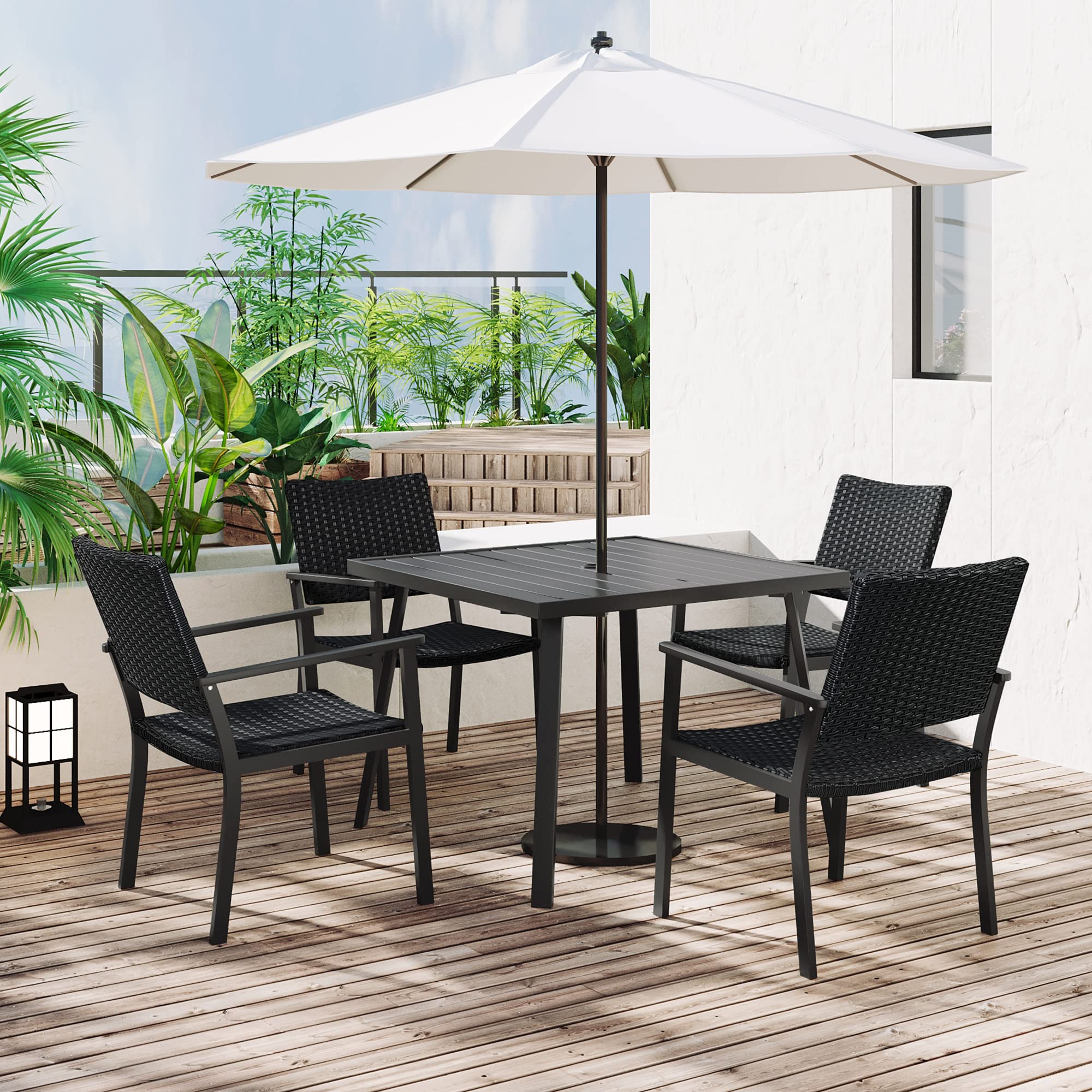 Quarte Patio 5-Piece Dining Table Furniture Set,Outdoor PE Wicker Conversation Set with Umbrella Hole and 4 Dining Chairs,for Porch Lawn Garden Backyard Poolside