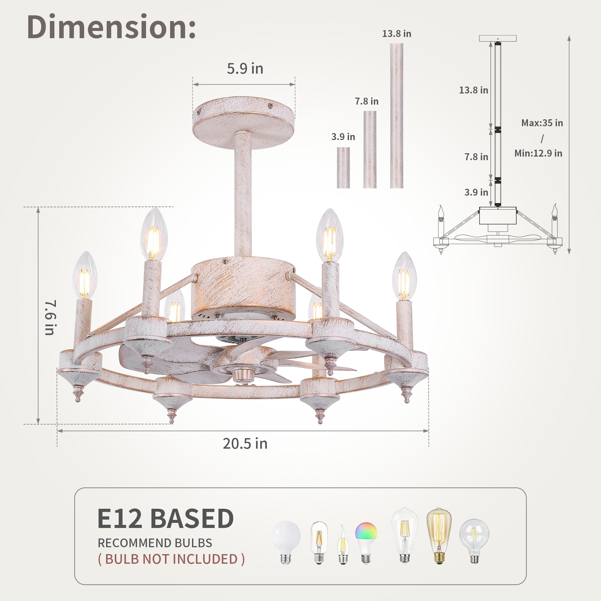 KINGTORO Rustic White Chandelier Ceiling Fans with Lights, 20.5" Wagon Wheel Chandelier,Adjustable Height,3 speeds,Fandelier with Lights and Remote for Kitchen Dining Room Living Room
