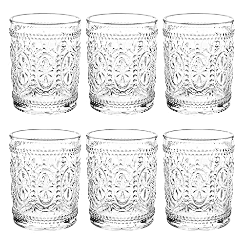 Bekith 6 Pack Drinking Glasses, 9.5 oz Romantic Water Glasses Tumblers, Heavy Duty Vintage Glassware Set for Whisky, Juice, Beverages, Beer, Cocktail