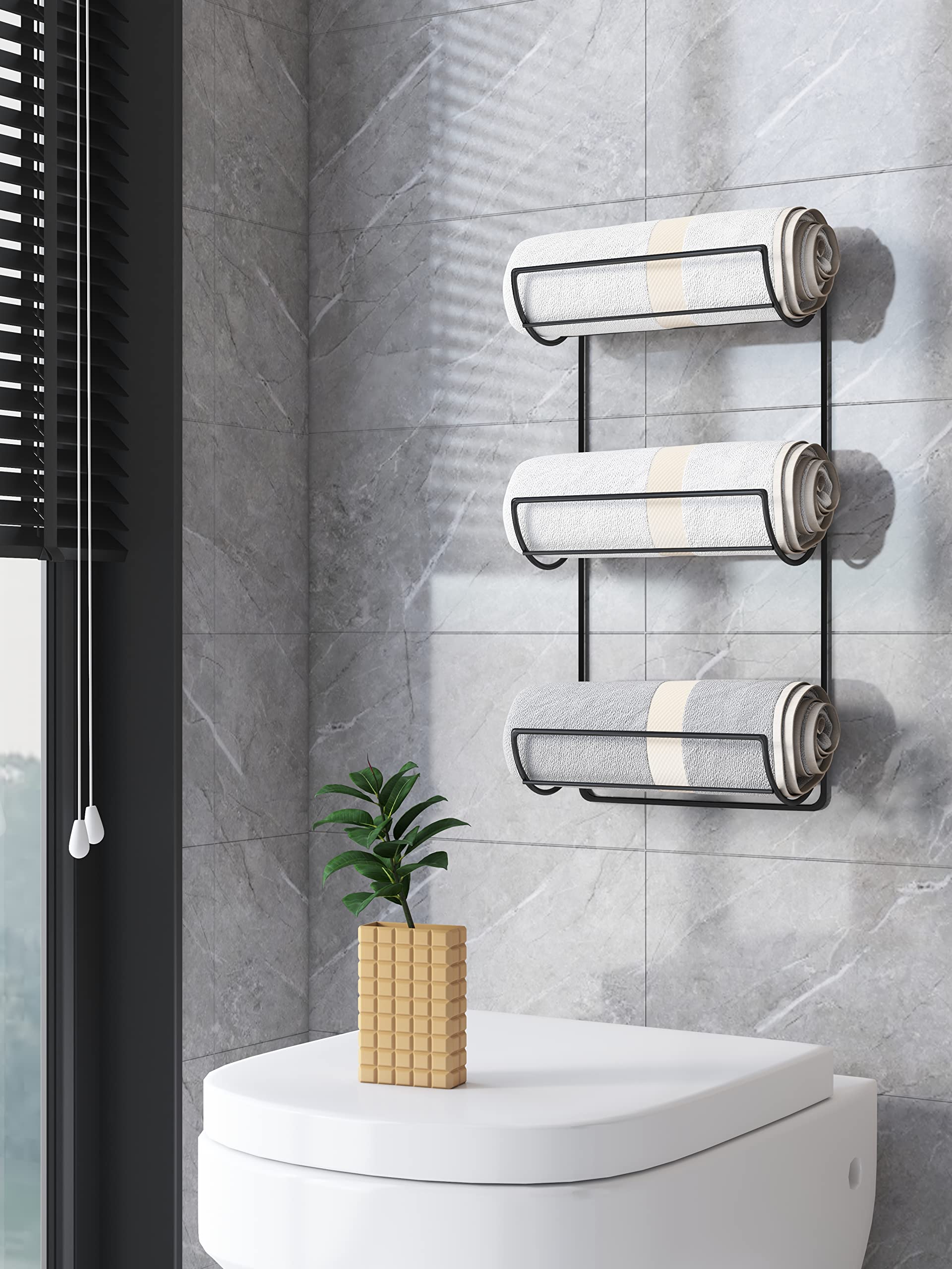Towel Rack Wall Mounted Metal Wine Rack Washcloths Bathrobe Storage Shelf Organizer Hand Towels Holder for Bathroom Cloakroom - Black