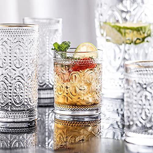 Bekith 6 Pack Drinking Glasses, 9.5 oz Romantic Water Glasses Tumblers, Heavy Duty Vintage Glassware Set for Whisky, Juice, Beverages, Beer, Cocktail