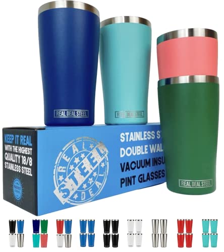 Real Deal Steel Pint Glasses - Stainless Steel Beer Tumblers - Set of 4 Insulated Cups for Outdoors
