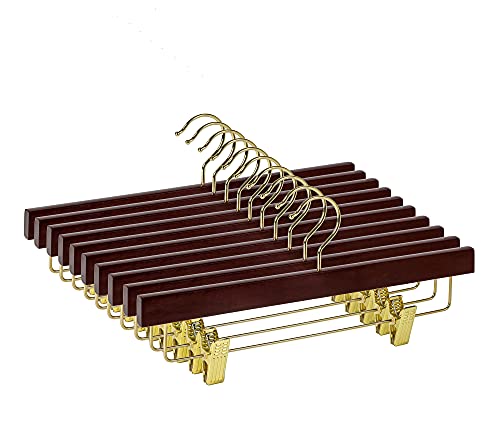 HUMIA 28 Pack Walnut Wooden Pants Hangers with Gold Hook, Solid Wood Skirt Hanger Trousers Bottom Hangers with 2 Adjustable Gold Clips, Clothes Hanger for Jeans, Shorts, Slacks (Walnut, 28)
