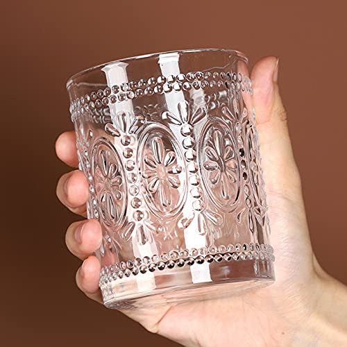Bekith 6 Pack Drinking Glasses, 9.5 oz Romantic Water Glasses Tumblers, Heavy Duty Vintage Glassware Set for Whisky, Juice, Beverages, Beer, Cocktail