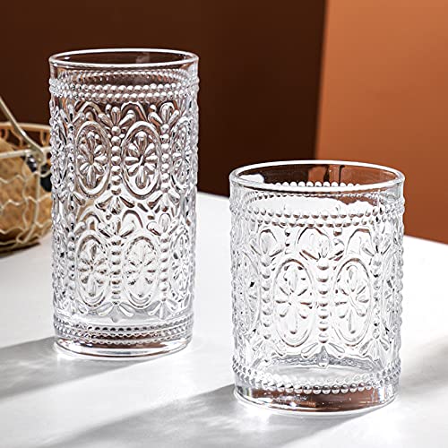 Bekith 6 Pack Drinking Glasses, 9.5 oz Romantic Water Glasses Tumblers, Heavy Duty Vintage Glassware Set for Whisky, Juice, Beverages, Beer, Cocktail