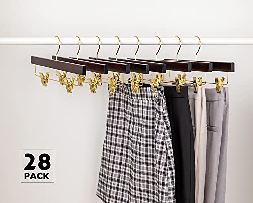 HUMIA 28 Pack Walnut Wooden Pants Hangers with Gold Hook, Solid Wood Skirt Hanger Trousers Bottom Hangers with 2 Adjustable Gold Clips, Clothes Hanger for Jeans, Shorts, Slacks (Walnut, 28)