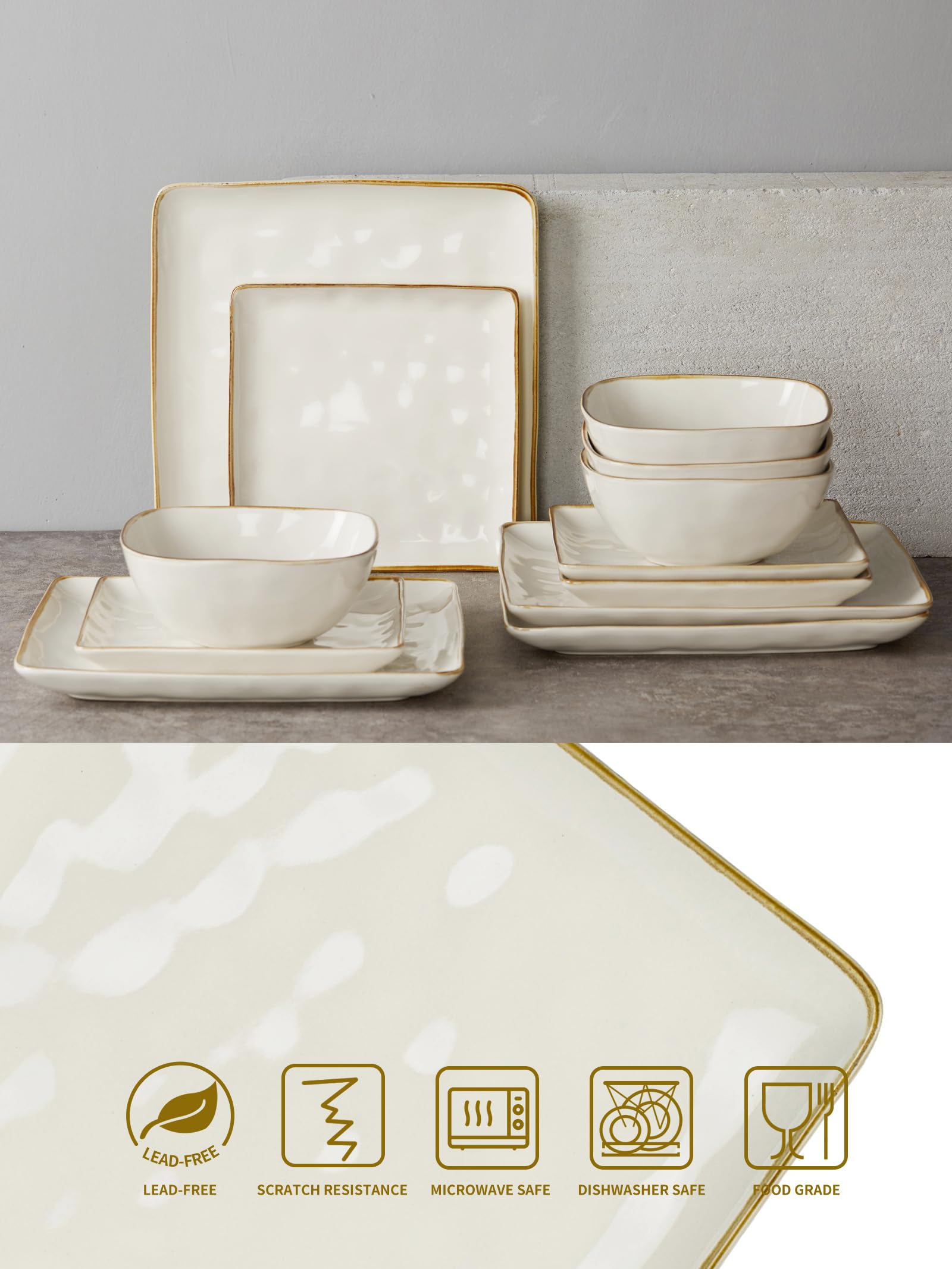 Famiware Dinnerware Sets for 4, Ocean Square 12-Piece Kitchen Plates and Bowls Sets, Microwave and Dishwasher Safe, Scratch Resistant, Vanilla White