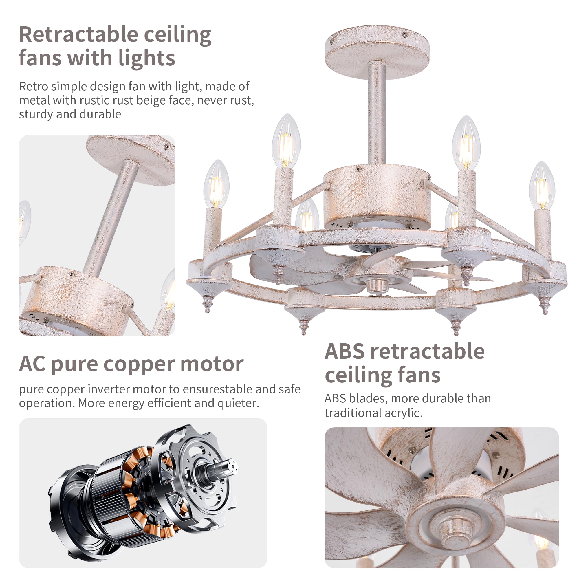 KINGTORO Rustic White Chandelier Ceiling Fans with Lights, 20.5" Wagon Wheel Chandelier,Adjustable Height,3 speeds,Fandelier with Lights and Remote for Kitchen Dining Room Living Room