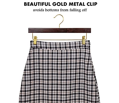 HUMIA 28 Pack Walnut Wooden Pants Hangers with Gold Hook, Solid Wood Skirt Hanger Trousers Bottom Hangers with 2 Adjustable Gold Clips, Clothes Hanger for Jeans, Shorts, Slacks (Walnut, 28)